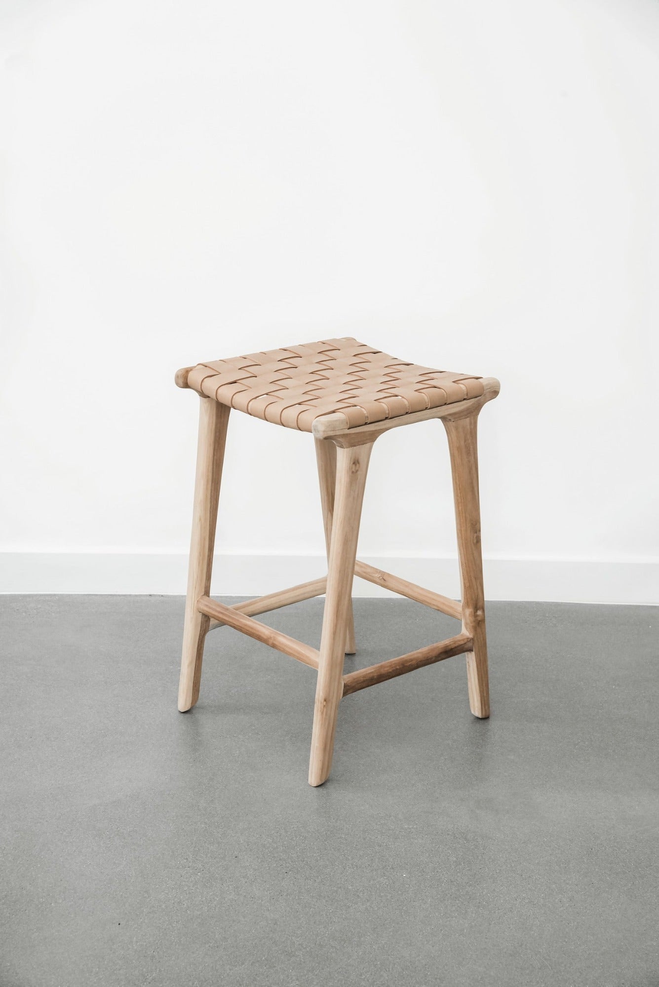 Woven Leather Backless Counter Stool - Beige - Saffron + Poe